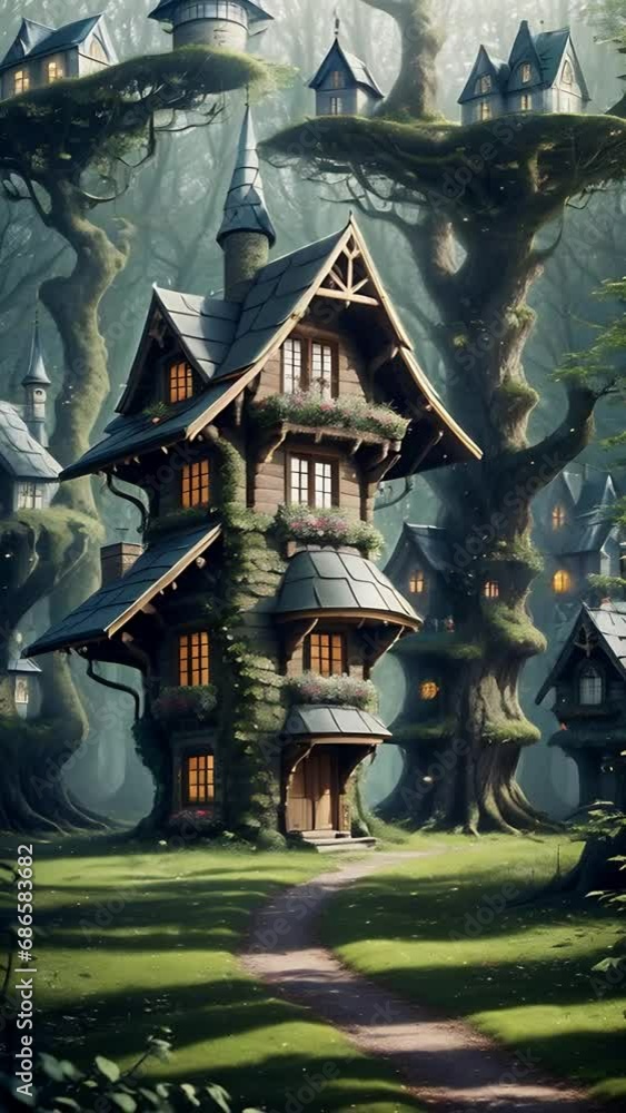 Fairy-tale imaginary houses for fantasy heroes. Unusual gnome buildings ...