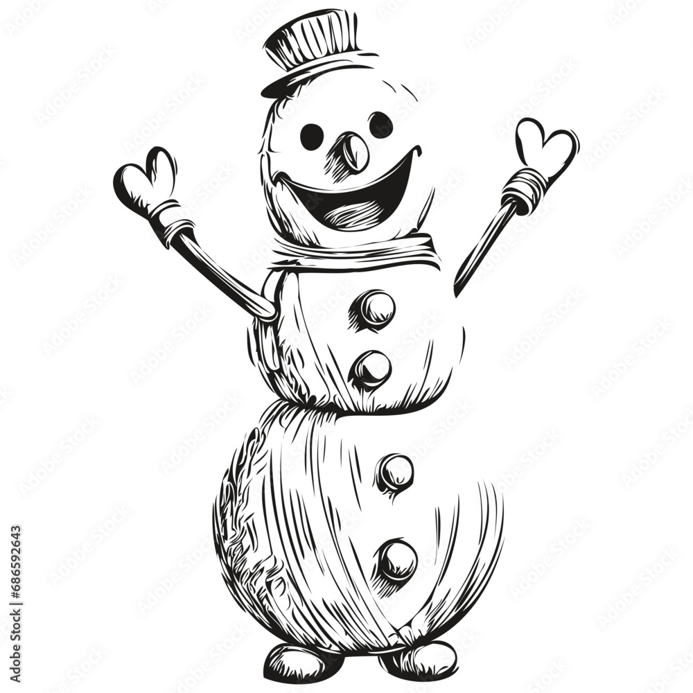 Snowman Hand Drawn Vector Sketch Cartoonish 2024 Snowman in Vintage ...