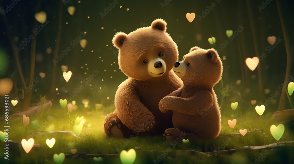 Super cute mama bear sitting on the green grass and hugging baby bear ...