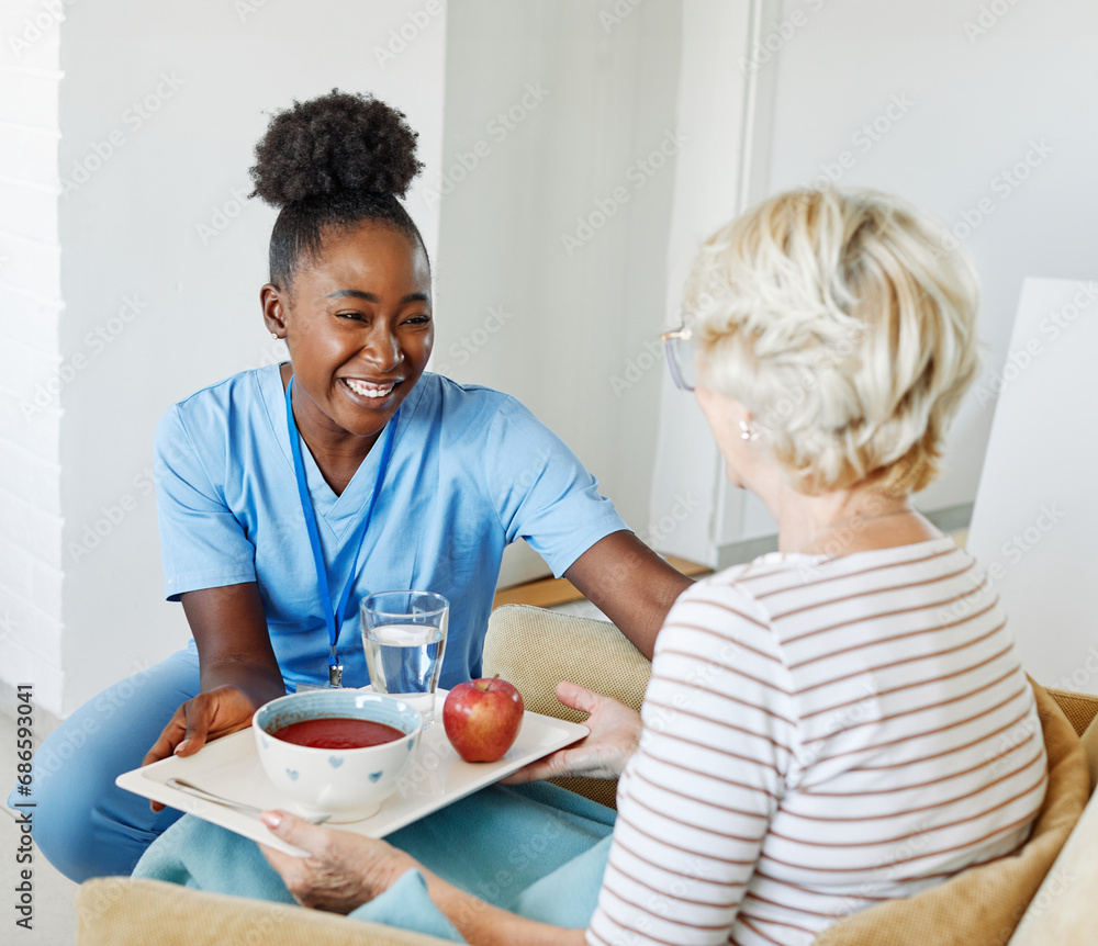 nurse senior woman home care patient elderly lunch caregiver meal food ...