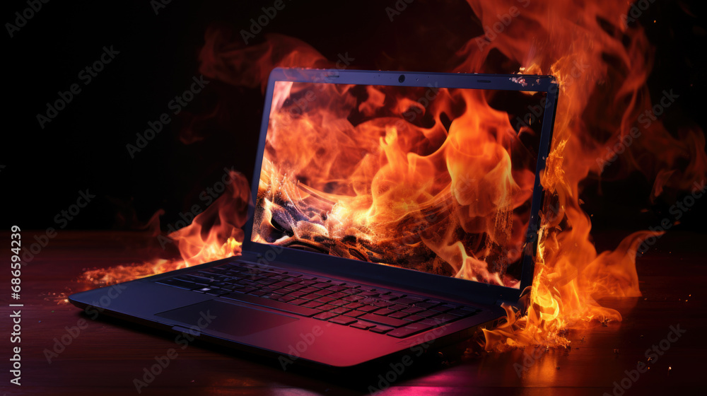 Burning laptop and keyboard, equipment fire due to faulty battery and ...