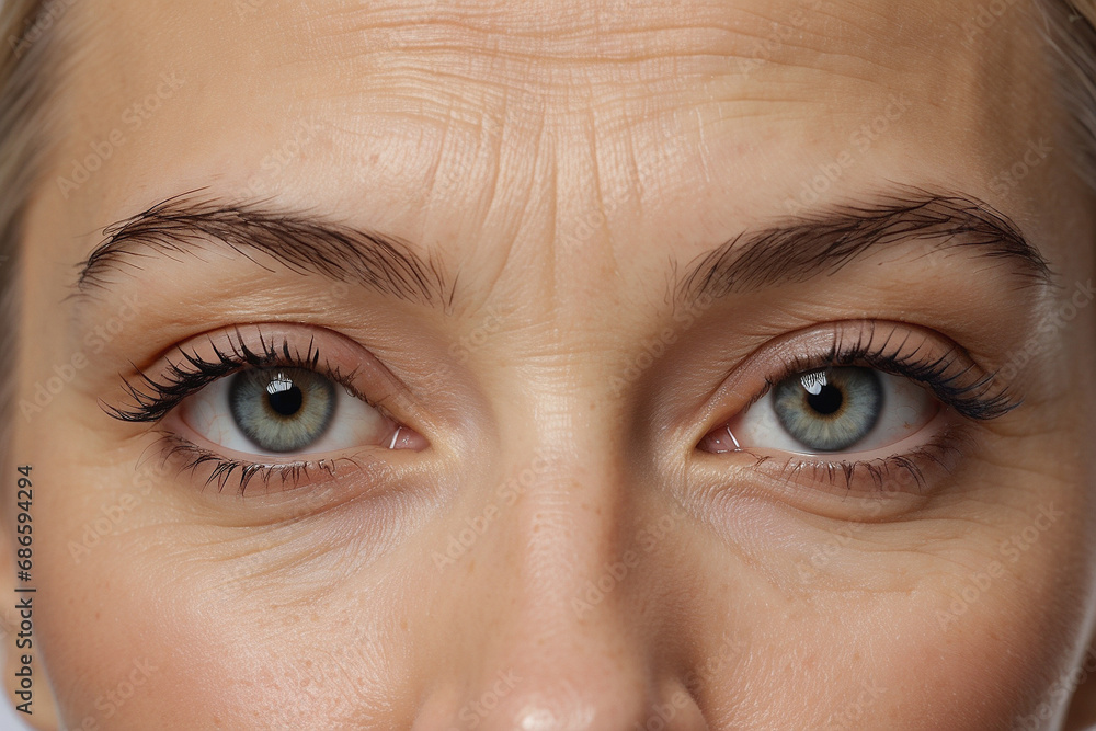 Portrait of the upper face of a middle-aged woman with mimic folds on ...
