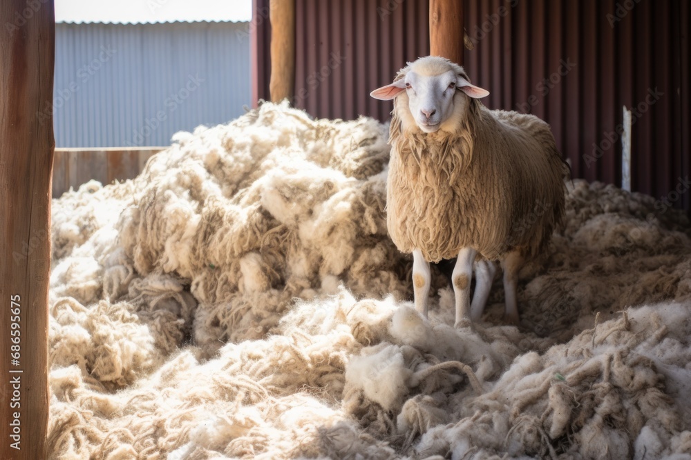 Old man gathers sheared sheep wool from ground on farm yard closeup ...