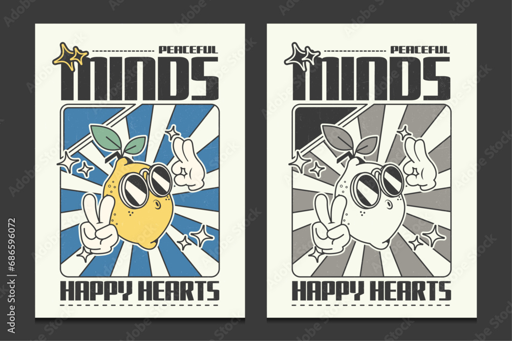 retro 70s posters with a cute lemon cartoon character, vector ...