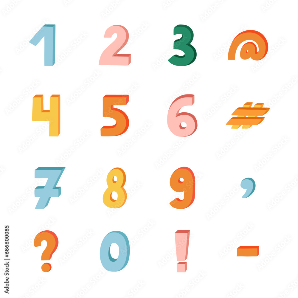 Cute funky 3d number set with volume. Chunky bold symbols with shadow ...