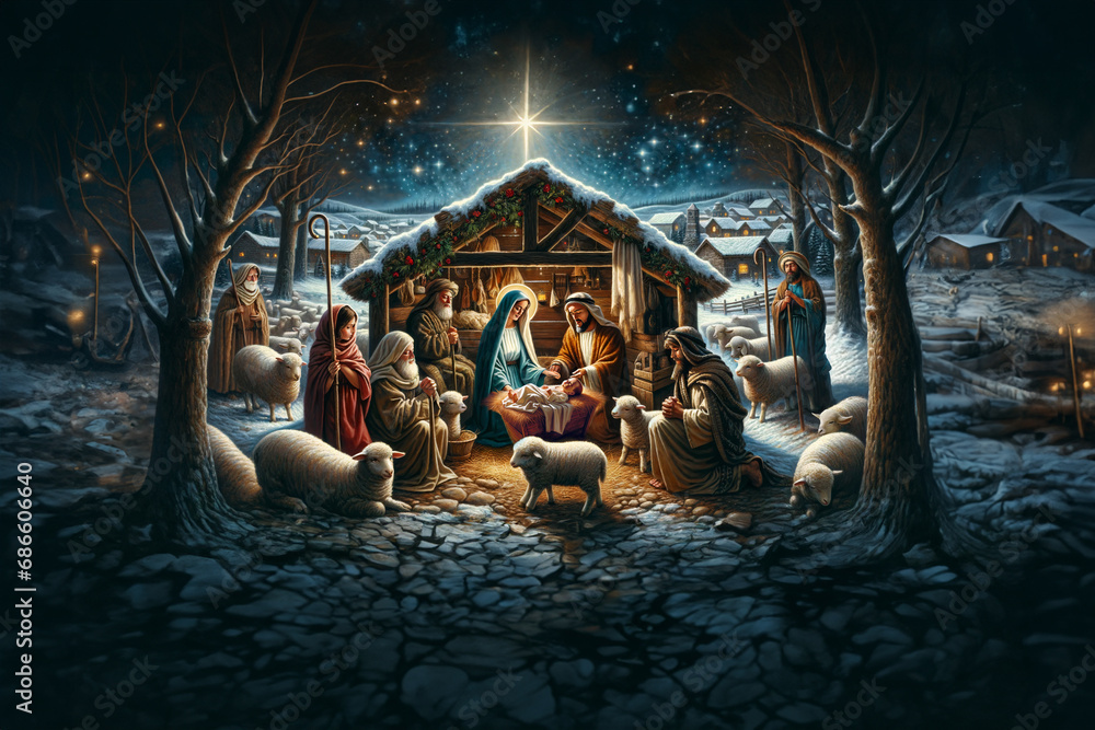 Oil painting representing the holy family. Nativity scene in Bethlehem ...