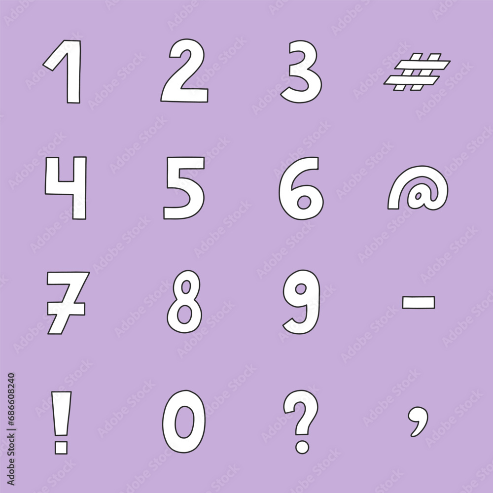 Cute black and white number set with outline. Chunky bold symbols of ...