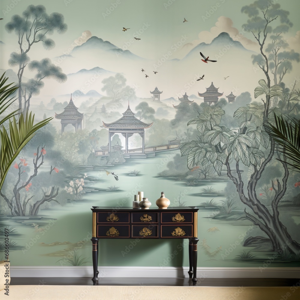 chinoiseries style wallpaper with grand palace style building and ...