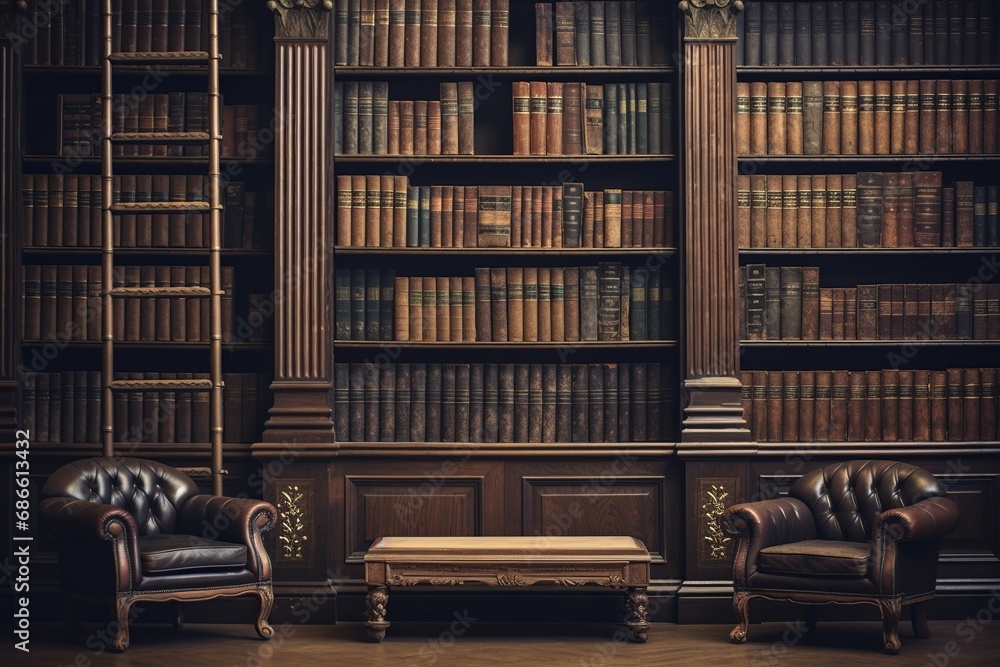 Sepia-toned photo of a vintage law library, rows of antique books on ...