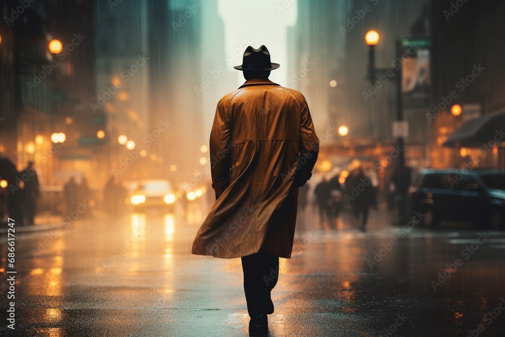 Retro-themed photo: businessman in fedora and trench coat striding on ...