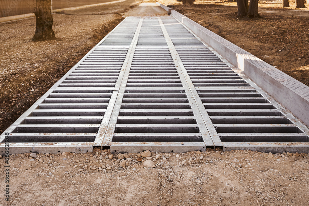 Drainage Concrete Lattice Grid on Park Path. Construction of Park ...