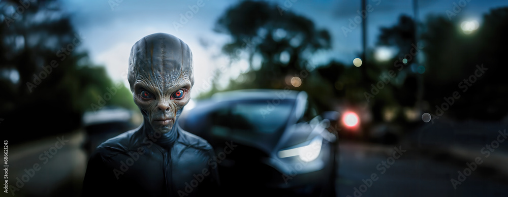 Alien has just arrived and is waiting at the supercharger. Alien face ...