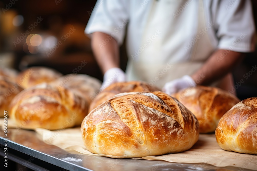 Talented baker kneading dough in bakery blurred background with copy ...