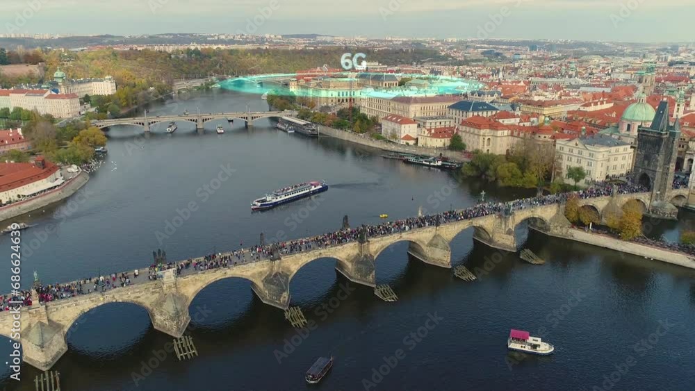 6g internet concept in Prague. Visualization of the transmission of an ...
