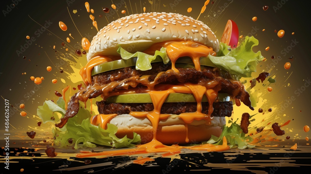 AI generated illustration of an exploded cheese burger, with toasted ...