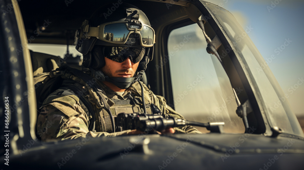 Focused military pilot helicopter airplane in cockpit at sunset, ready ...