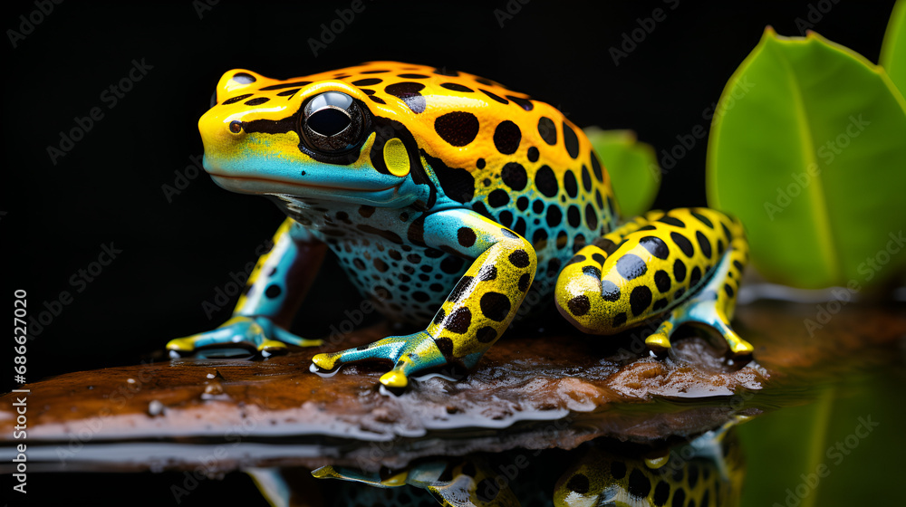 A vibrant golden poison dart frog, native to the rainforests of ...