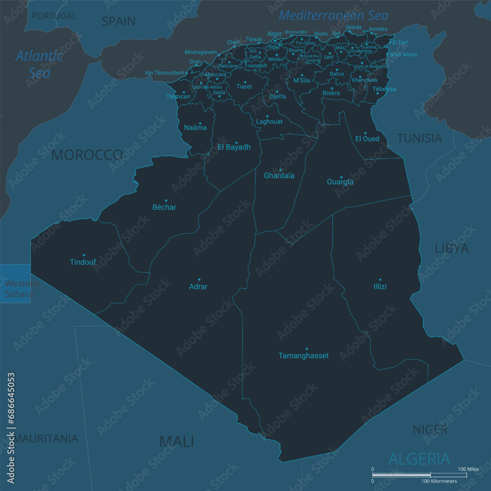 Vecteur Stock Algeria map. High detailed map of Algeria with countries ...