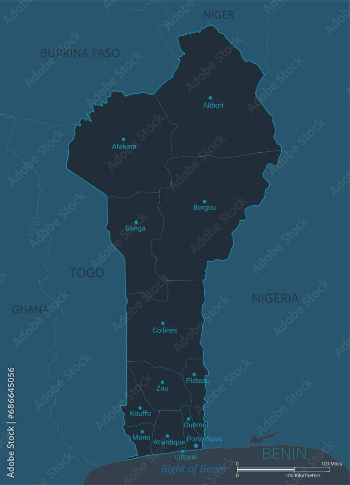 Benin map. High detailed map of Benin with countries, borders, cities ...