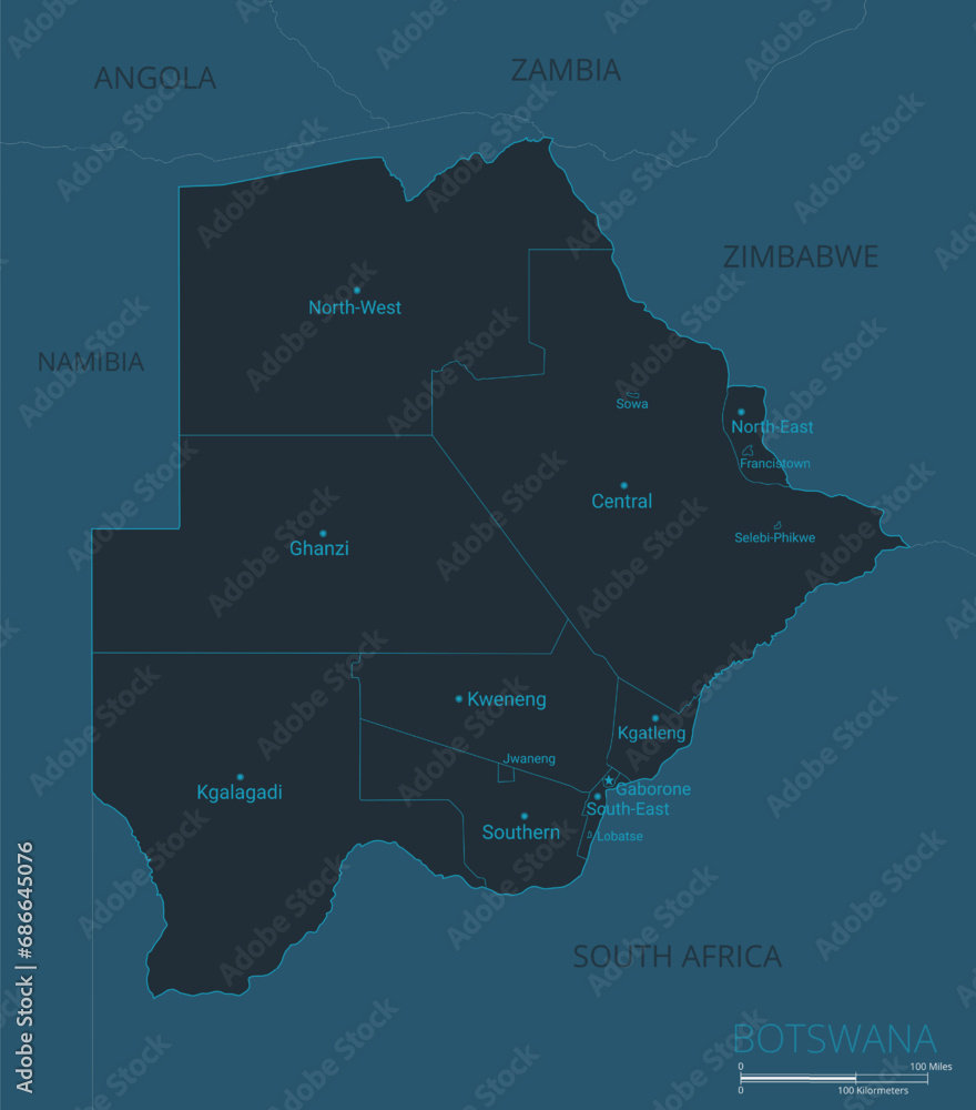 Botswana map. High detailed map of Botswana with countries, borders ...