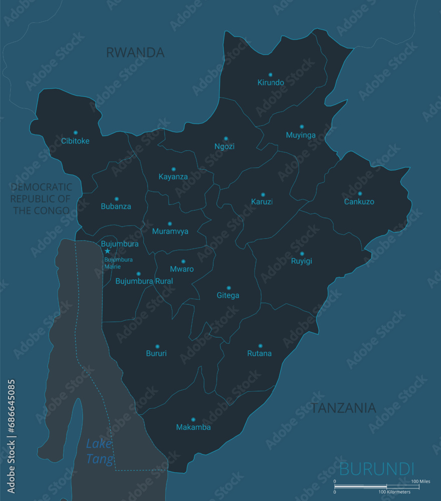 Burundi map. High detailed map of Burundi with countries, borders ...