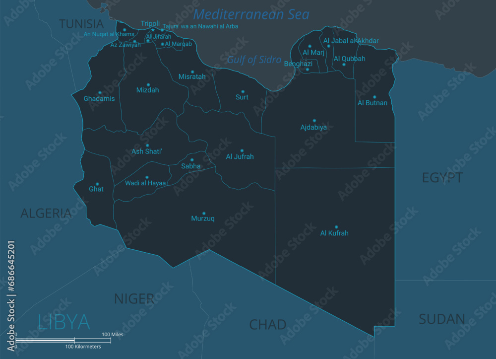 Libya map. High detailed map of Libya with countries, borders, cities ...
