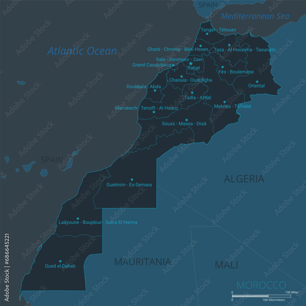 Morocco map. High detailed map of Morocco with countries, borders ...