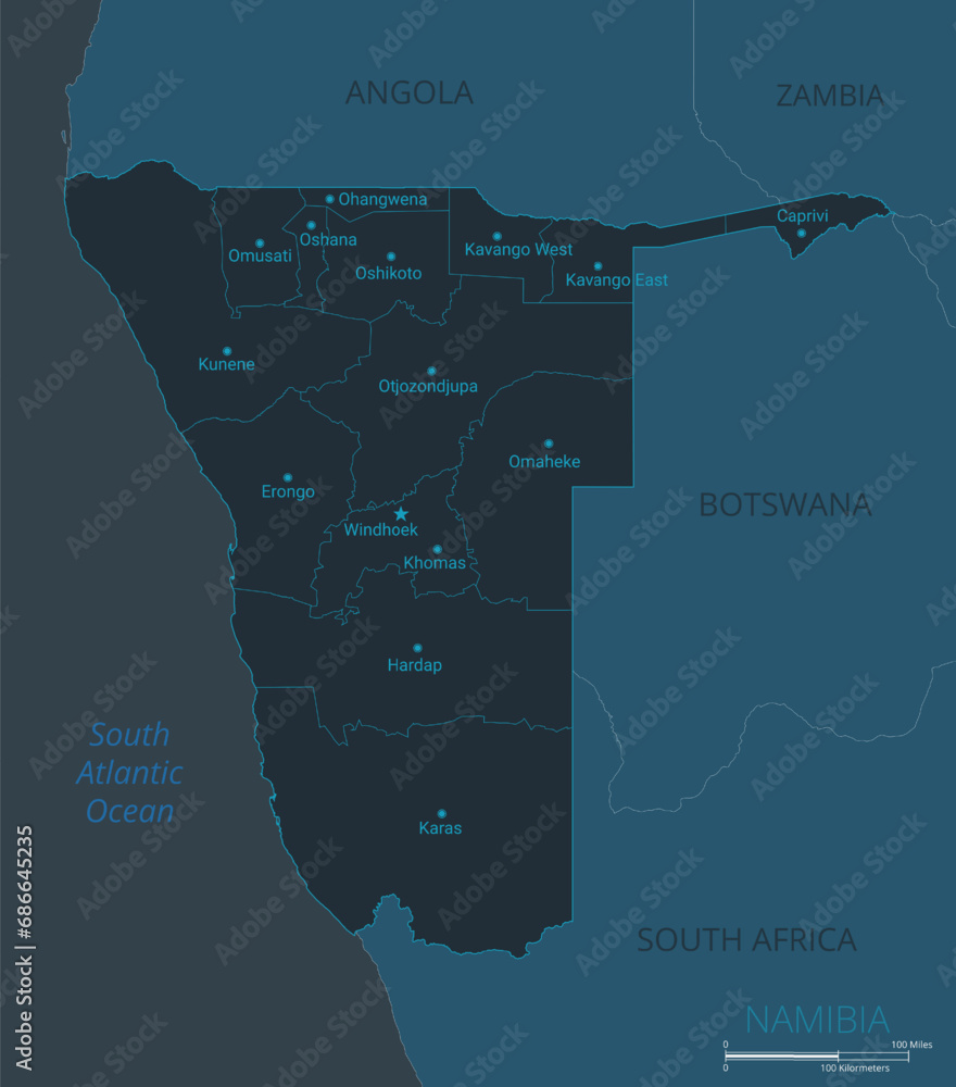 Vecteur Stock Namibia map. High detailed map of Namibia with countries ...