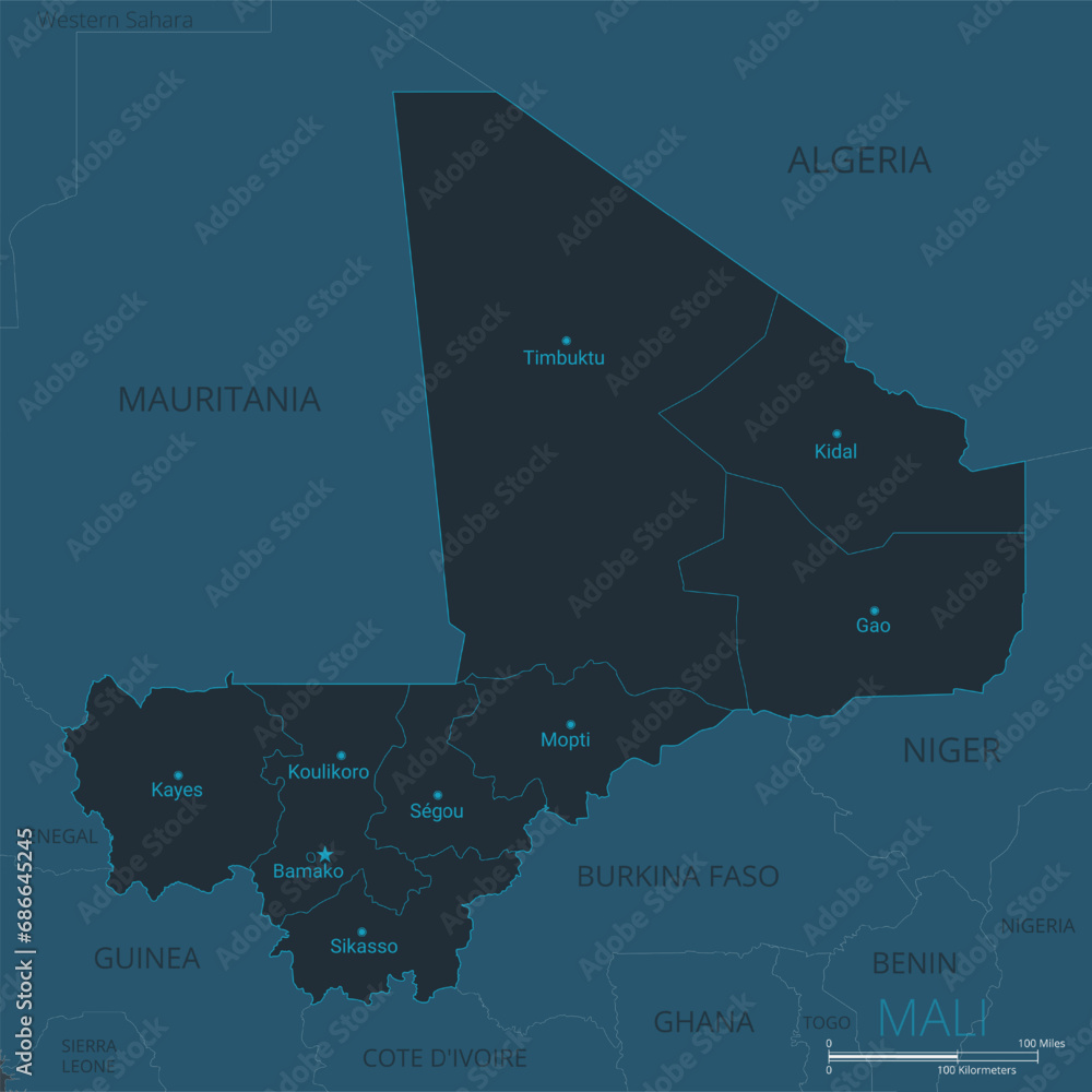 Mali map. High detailed map of Mali with countries, borders, cities ...