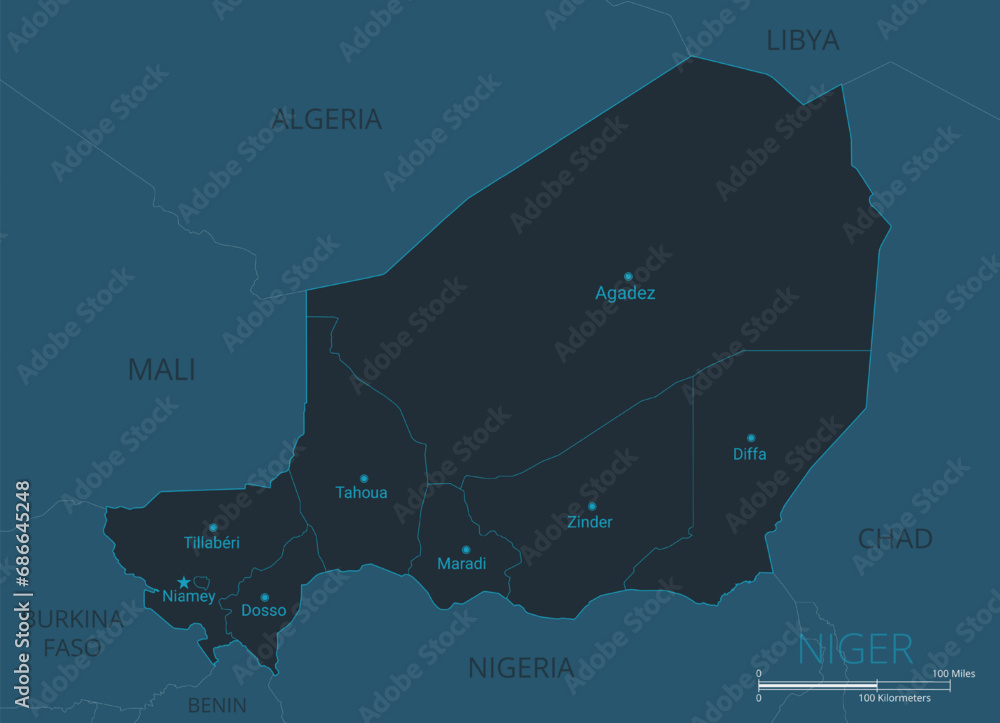 Niger map. High detailed map of Niger with countries, borders, cities ...