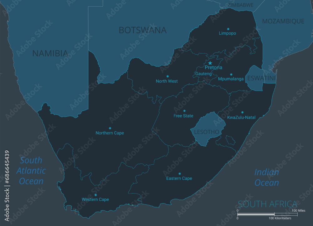 South Africa map. High detailed map of South Africa with countries ...