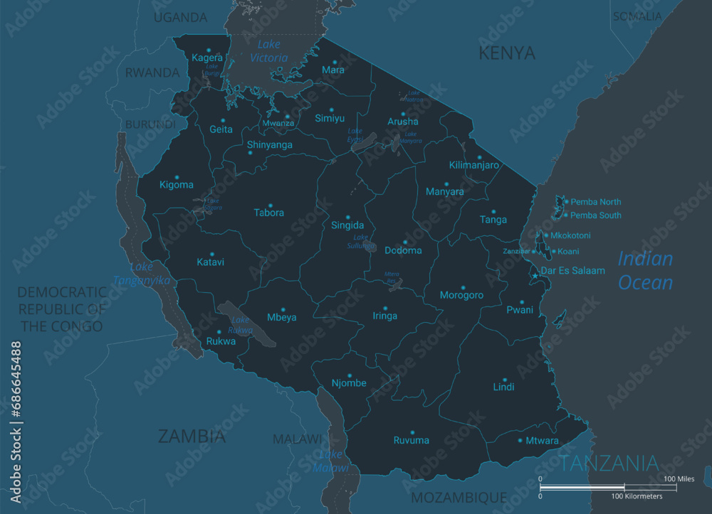 Tanzania map. High detailed map of Tanzania with countries, borders ...