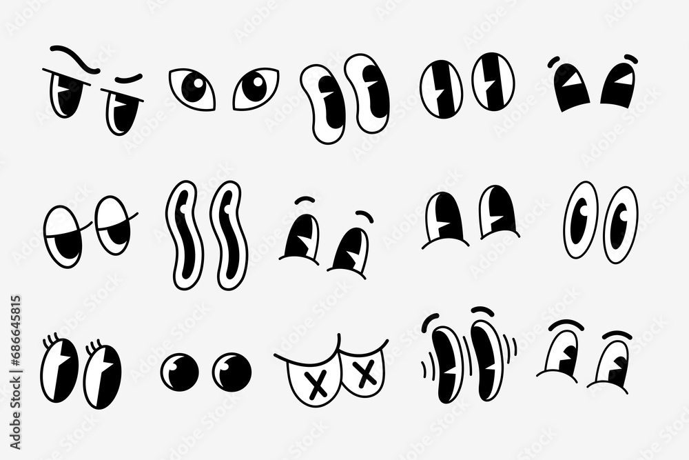 Retro cartoon funny eyes. Groovy vintage 30s 60s 70s eyes with various ...
