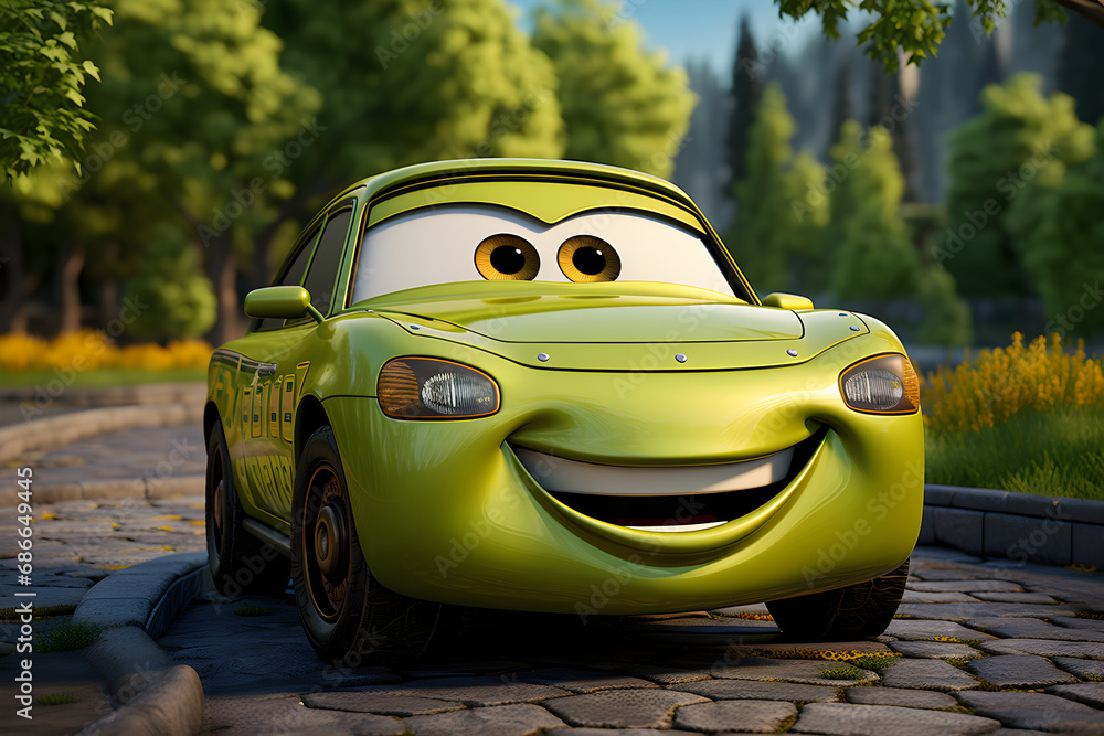 Cartoon green car with eyes in the park Stock Illustration | Adobe Stock