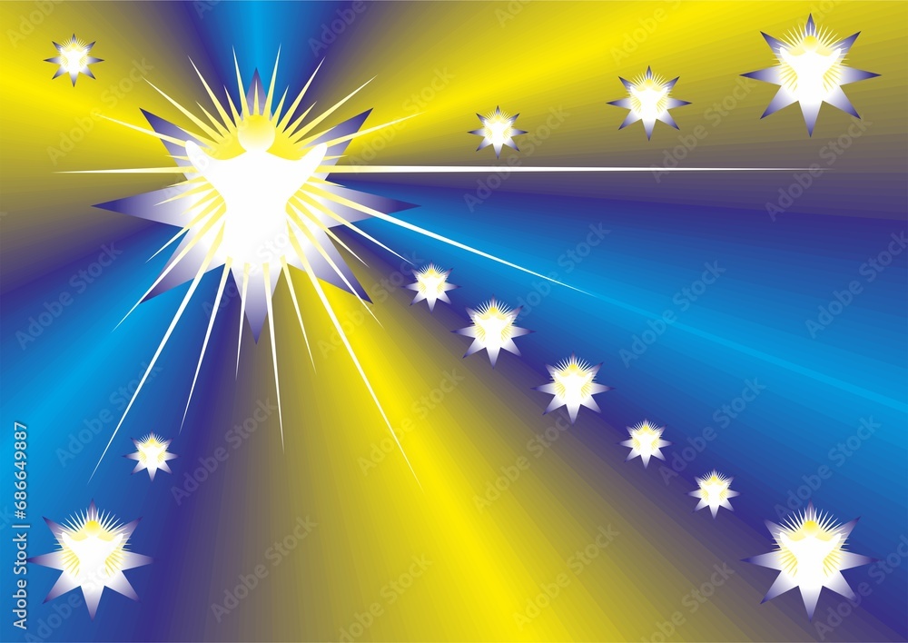 Angels and stars with bright rays on blue and yellow background ...