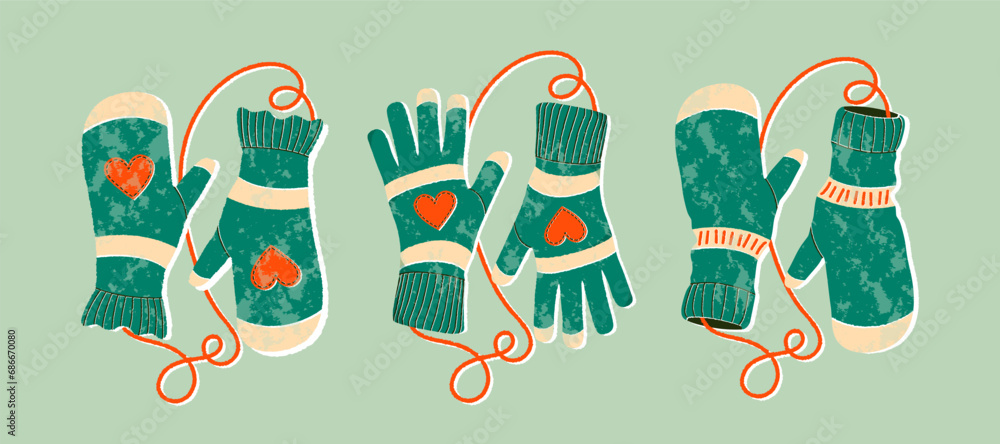 Poster Mittens pairs flat cartoon textured illustrations set – Wall Art ...