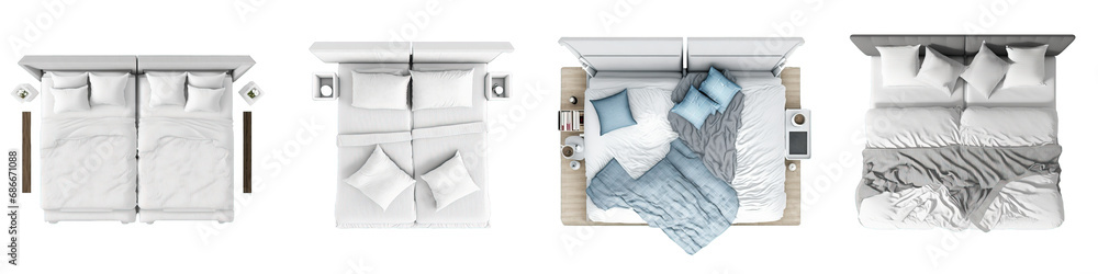 Double bed from top view with bedding on a transparent background ...