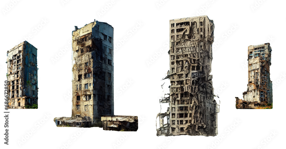 Realistic apocalyptic art of ruined skyscraper, set on transparent ...