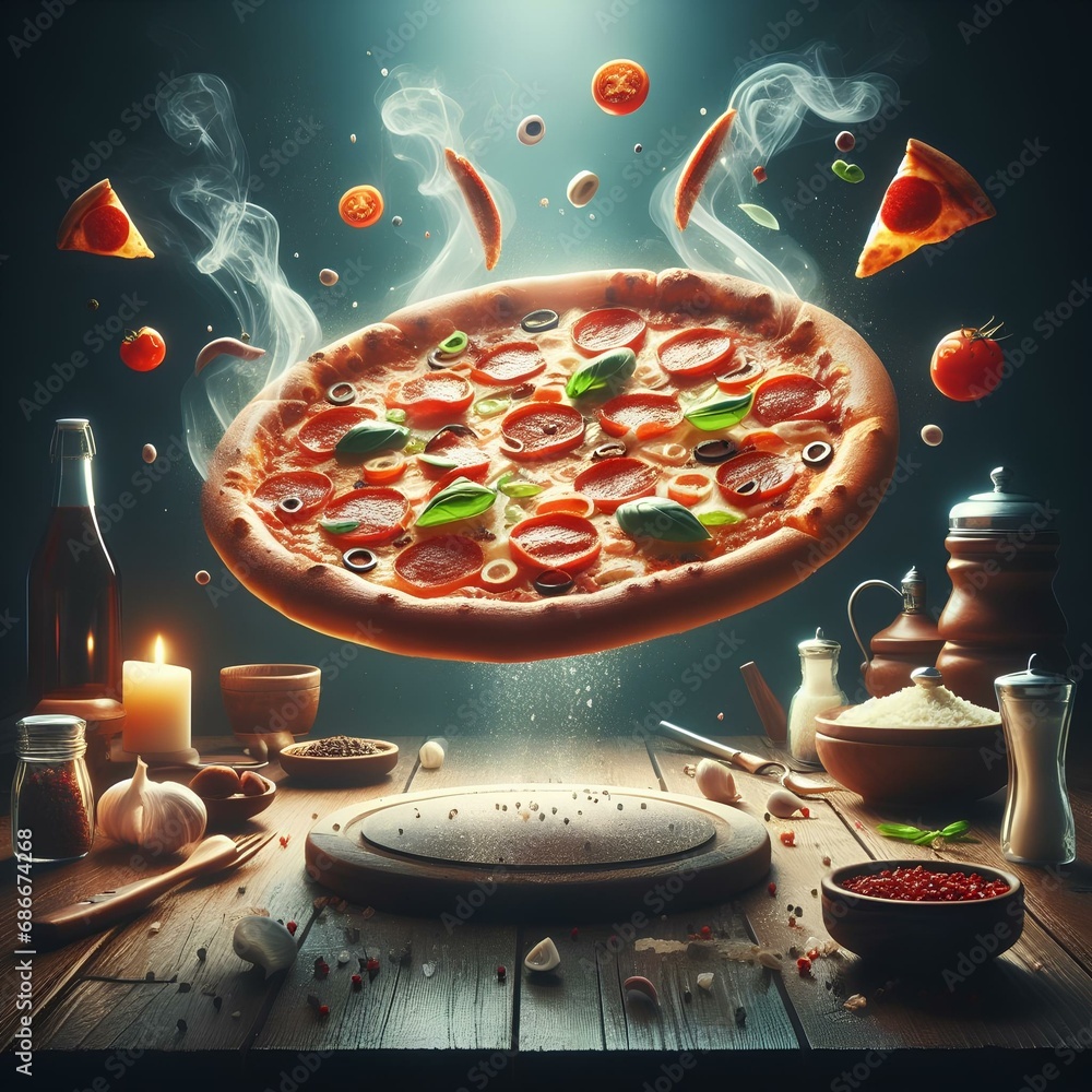 Capture attention with a tantalizing pepperoni pizza mid-air on a ...