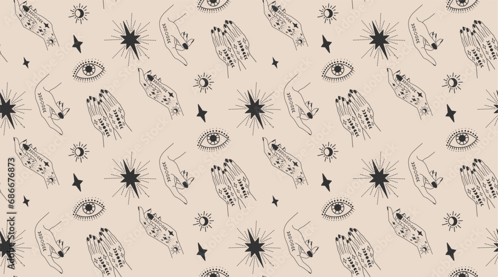Seamless pattern with hands. The woman casts a spell. Magic hands. Palm ...