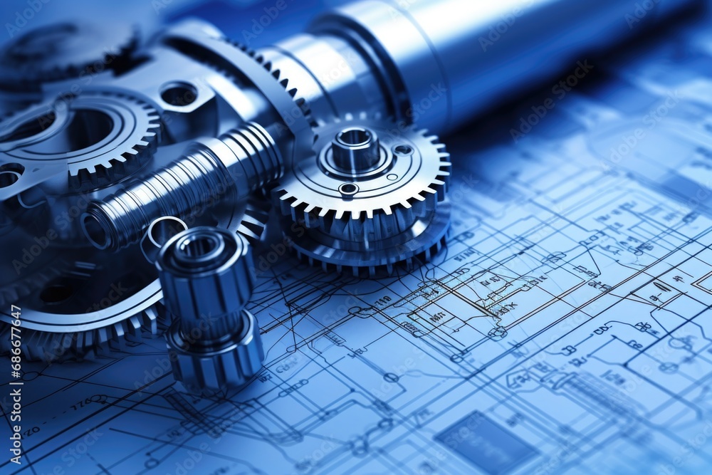 A group of gears placed on top of a blueprint. This image can be used ...