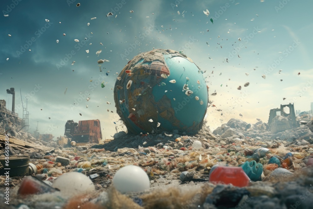 A large blue ball sitting on top of a pile of garbage. This image can ...