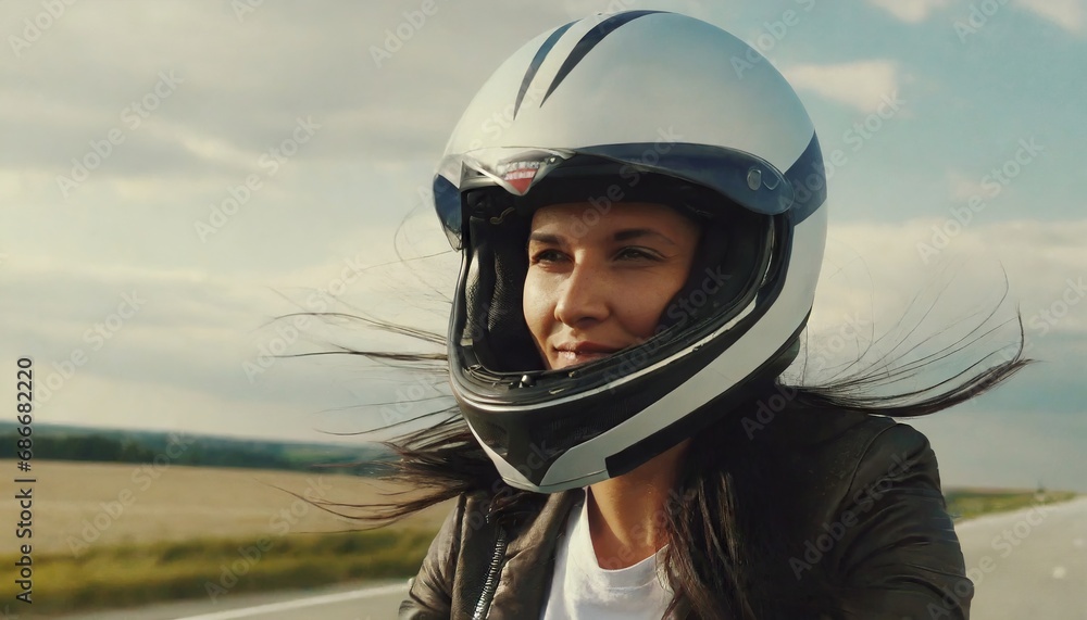 Portrait of a woman in a motorcycle helmet driving very fast, hair ...