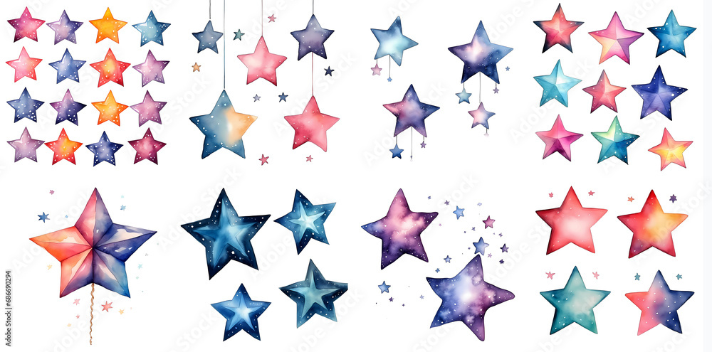 Watercolor stars clipart set isolated on a white background Stock ...