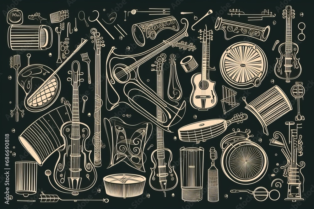 Pattern of different musical instruments illustration in line art style ...