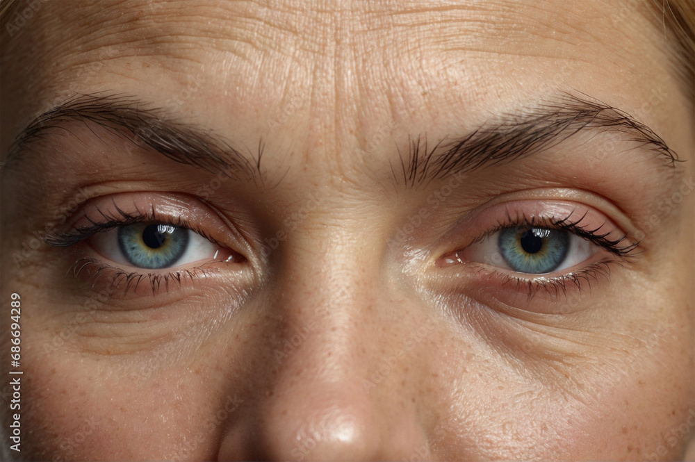 Portrait of the upper face of a middle-aged woman with mimic folds on ...