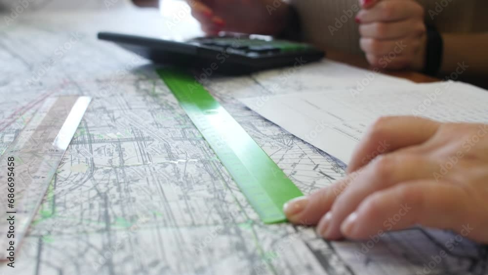 Women workers looking at map measuring distance on using ruler counting ...