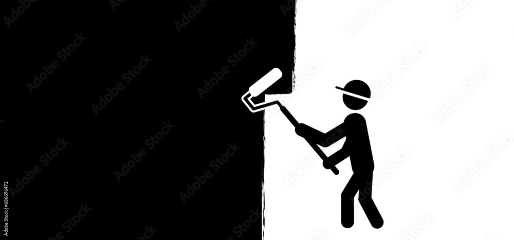 Cartoon stickman, stick figure man with color paint roller. Vector home ...