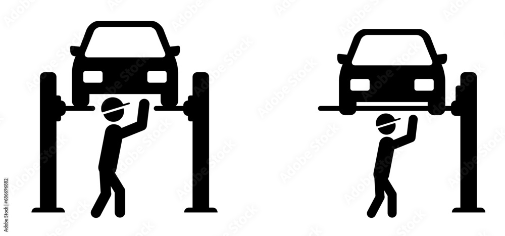 Cartoon car lifting service icon or symbol. Flat vector cars, garage ...