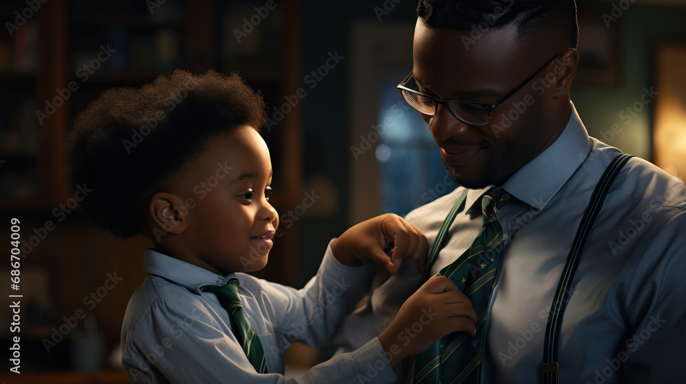 Black child teaching dad how to fix a tie. Concept of Intergenerational ...